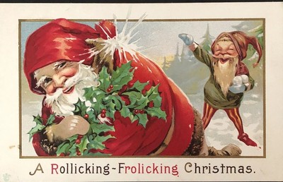 Vtg One-Sided Christmas Card Jolly Santa Holly Berries Laughing Elf ...
