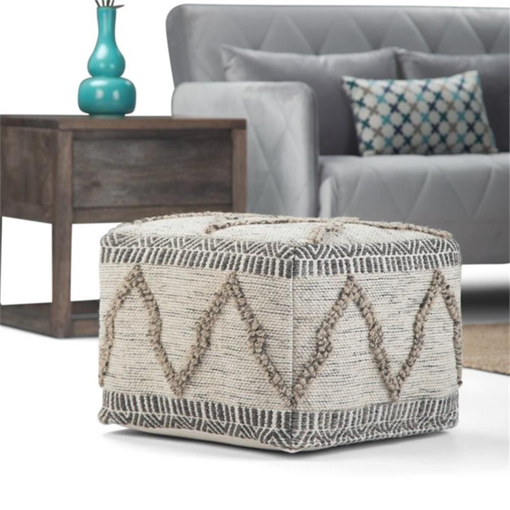 Simpli Home Sweeney Boho Square Pouf in Gray and Natural Handloom Woven ...