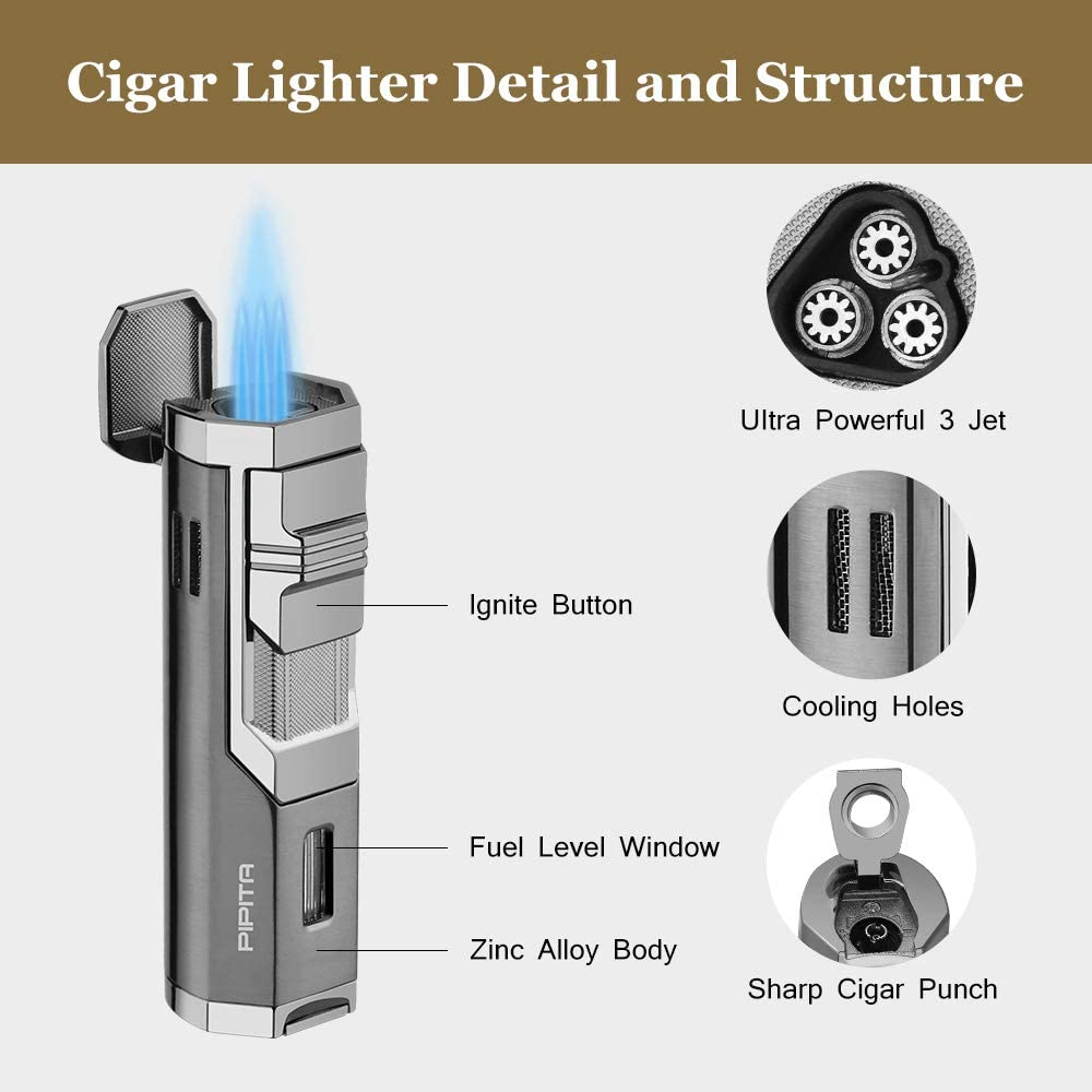 Torch Lighter Windproof Firelighters Triple Jet Flame Refillable Butane ...