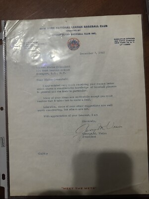New York Mets Document 1962 Polo Grounds Signed By George Weiss | eBay
