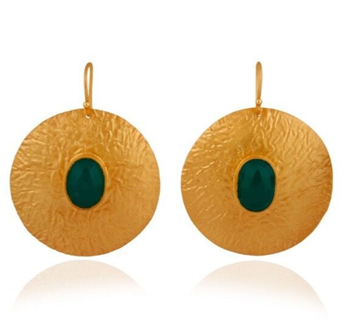Round Disc Earrings Yellow Gold Plated Green Onyx Gemstone Round Circle ...