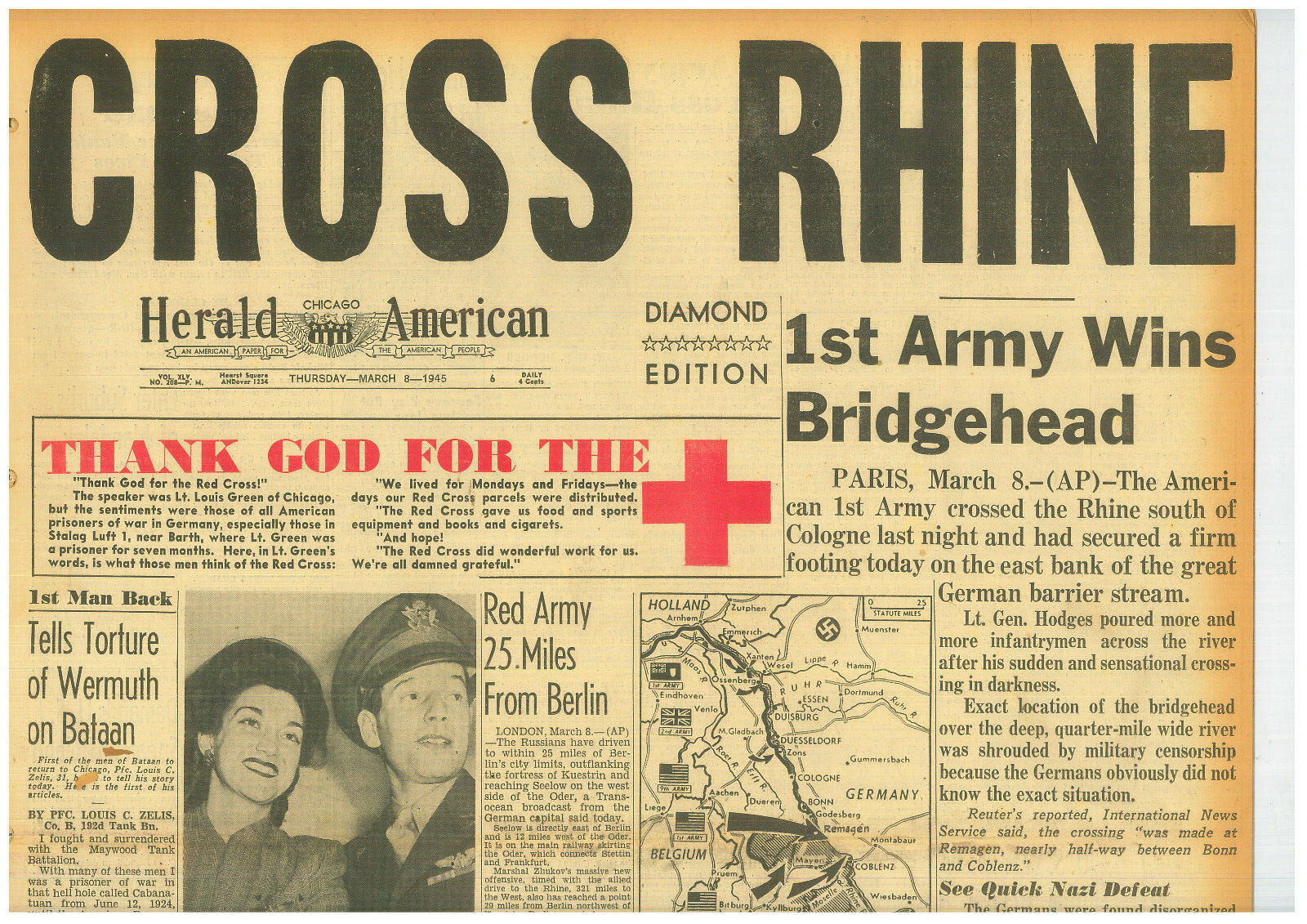 3-1945 March 6 1st Army Cross Rhine General Hodges Reds 25 Miles from ...