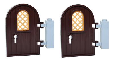 😀 LEGO arched curved doors with gold windows x2 dark brown castle house ...