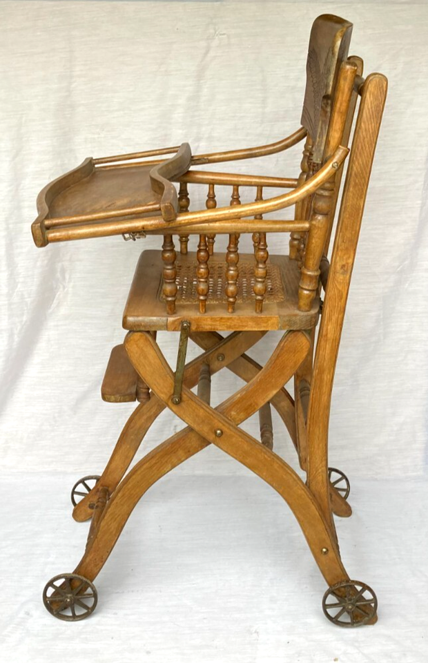 Antique Wooden Oak Cane Convertible Mechanical Baby High Chair & Rocker ...