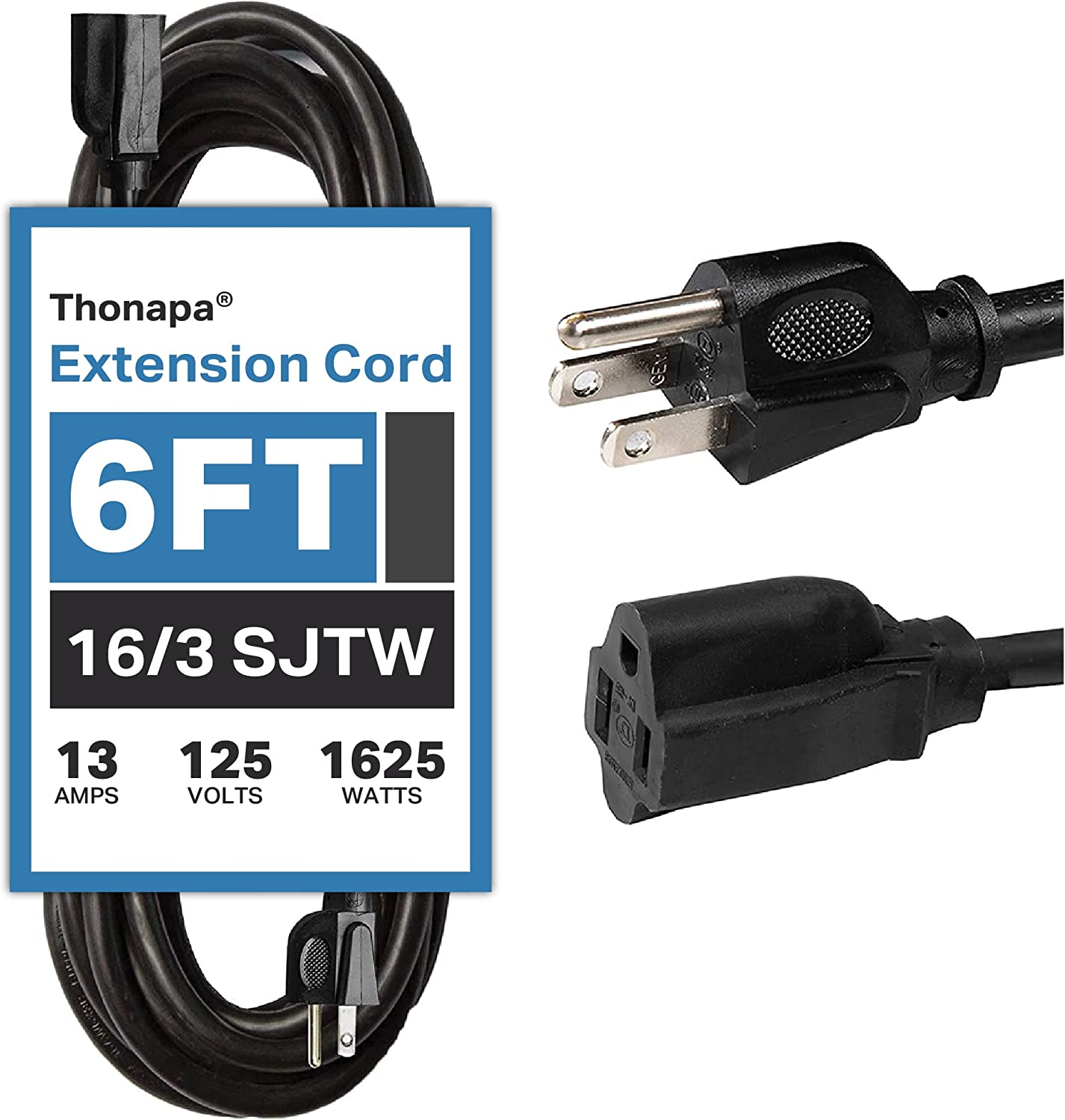 6 Ft Black Outdoor Extension Cord - 16/3 SJTW Weatherproof Water ...
