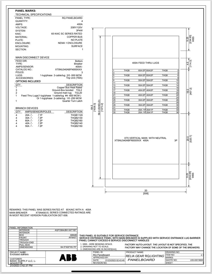 400A Main Breaker Panelboard ABB RQ 208Y/120 - 240 Delta N1 36 Circuit ...