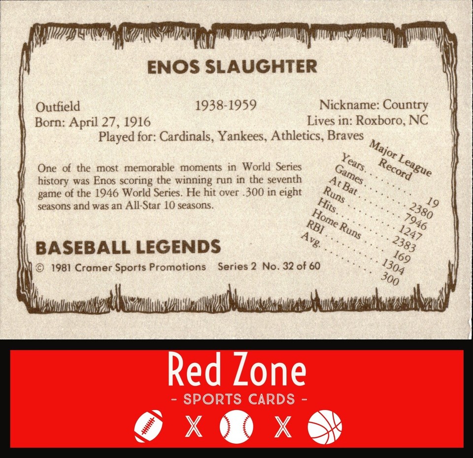 1981 Cramer Baseball Legends Series 2 - #32 Enos Slaughter NM Set Break ...