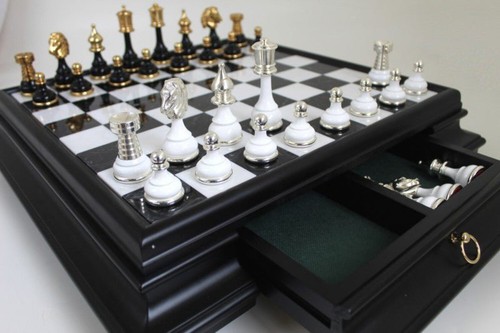 Italfama Luxury Brass Chess Set Gold/Silver Plated Marble Wood Board ...
