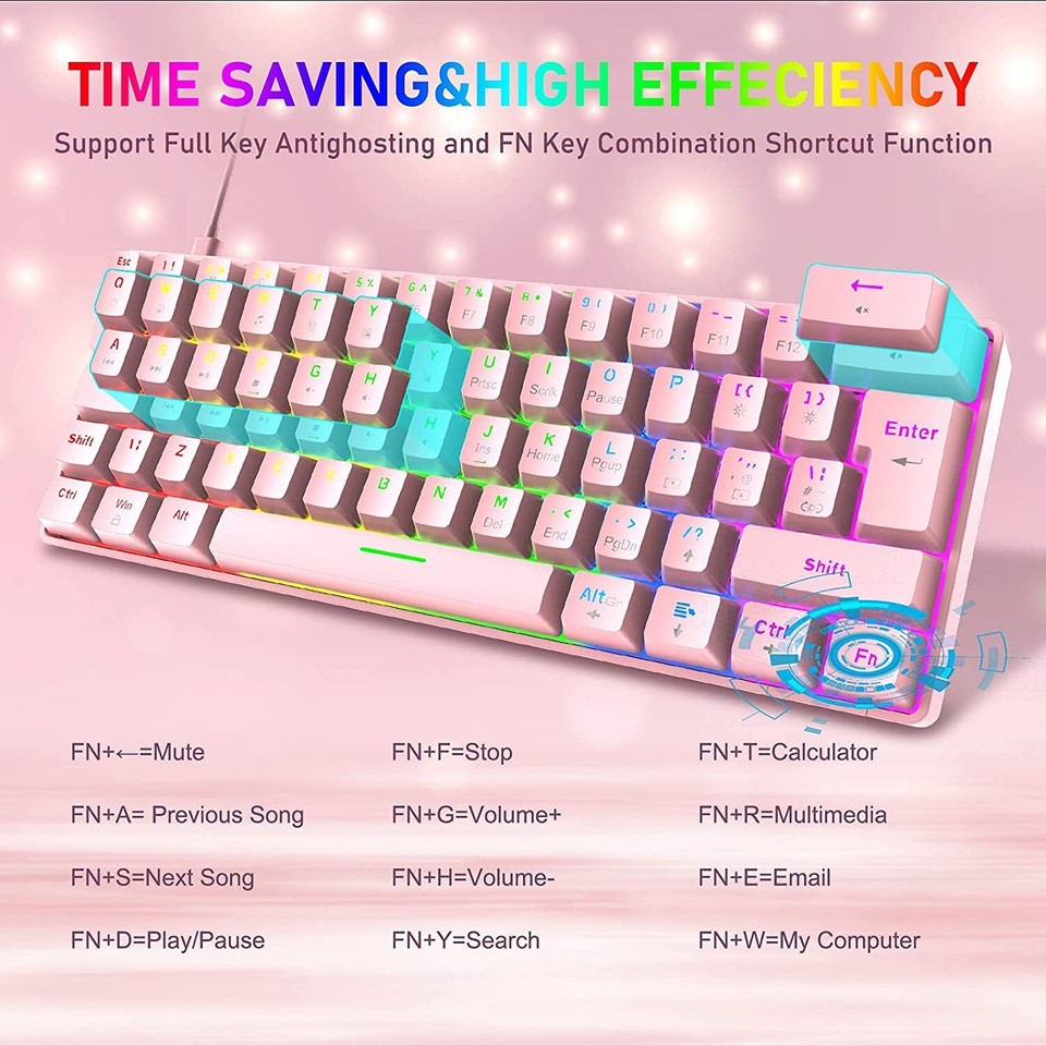 ZIYOULANG T60 Cute Pink Mechanical Keyboard Blue Switch White LED ...
