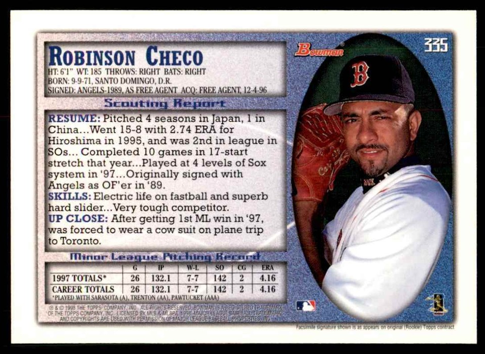 1998 BOWMAN ROBINSON CHECO BOSTON RED SOX #335 | eBay