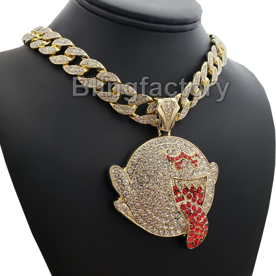 14K Gold Plated Alloy Mario Ghost & 16" Iced Cuban Cubic Zirconia Chain ...