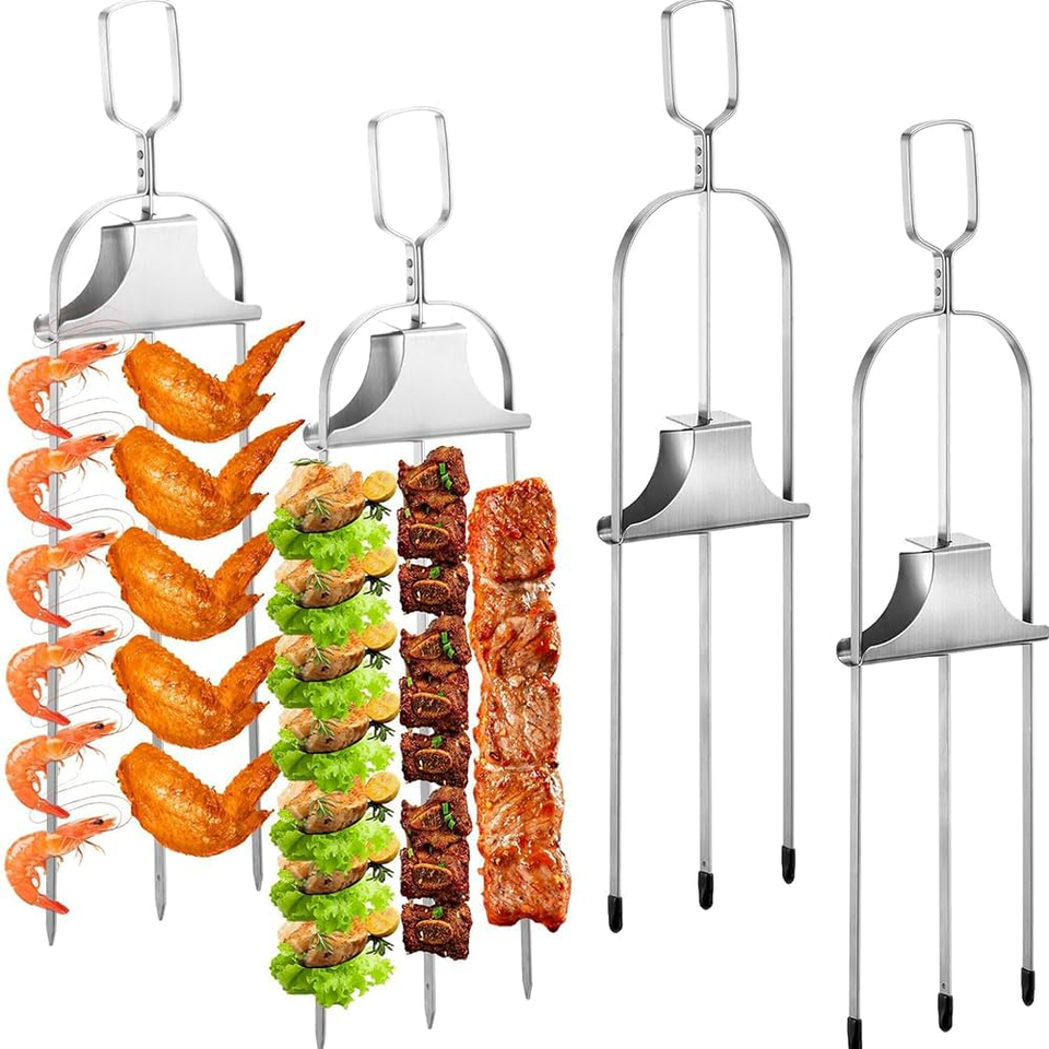 4-Pack Metal Kebab Skewers with Push Rod, 3-Prong Stainless Steel Kebab ...