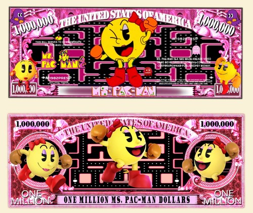 Ms. Pac-Man Million Dollar Bill Play Funny Money Novelty Note + FREE ...