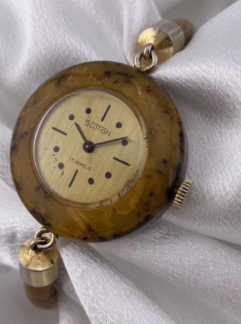 Vintage Sutton 17 Jewels Tiger Eye Gold Tone Mechanical Wind Up Watch ...