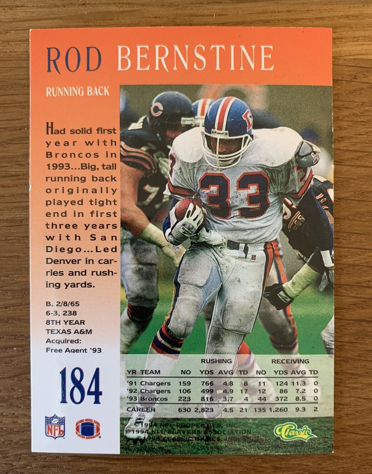 Rod Bernstine 1994 NFL Denver Broncos Pro Line Classic Live #184 ...
