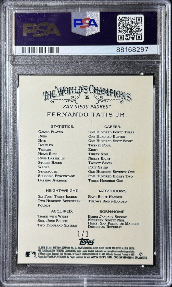 FERNANDO TATIS JR SuperFractor 1/1 2021 Allen & Ginter's GOLD VINYL ...