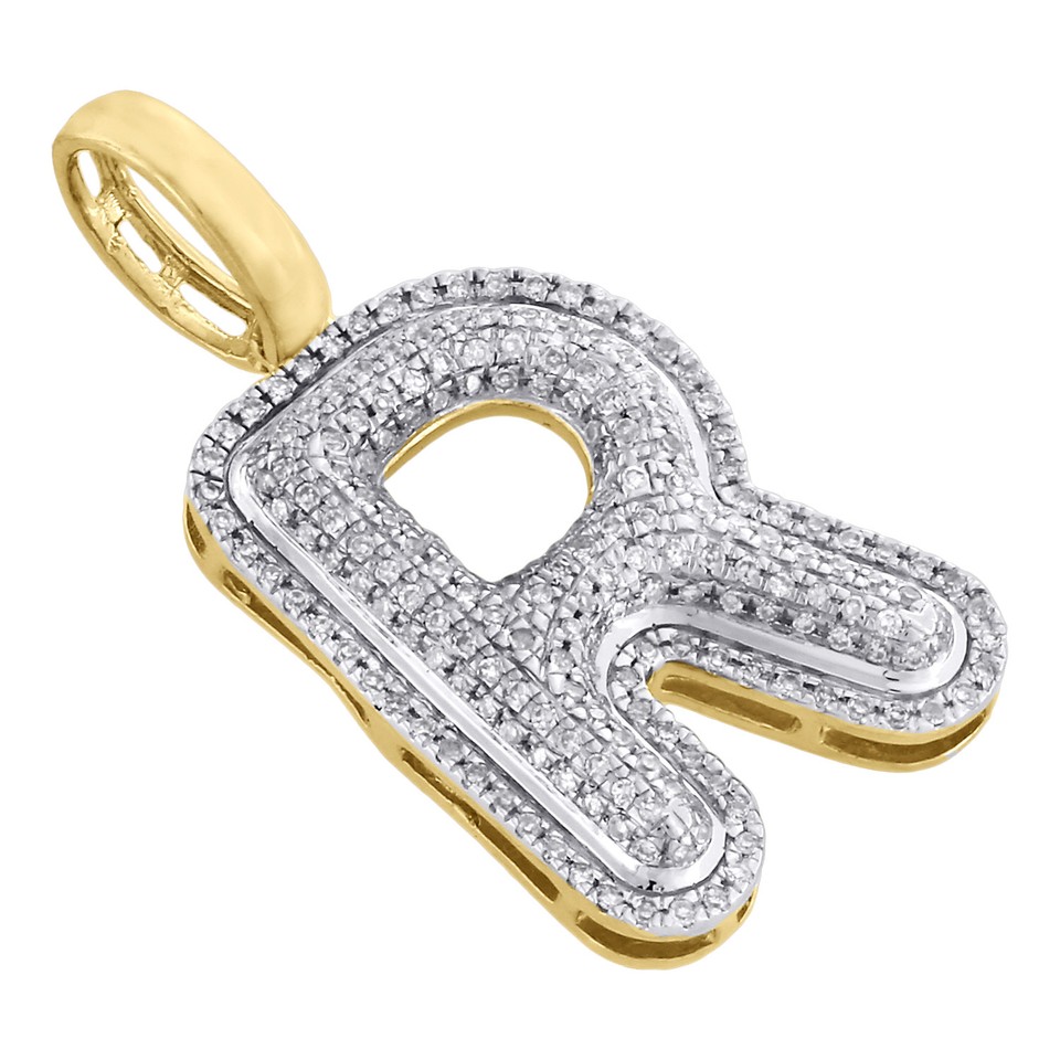 10K Yellow Gold Roumd Diamond R Initial Bubble Pendant Pave Dome Charm ...