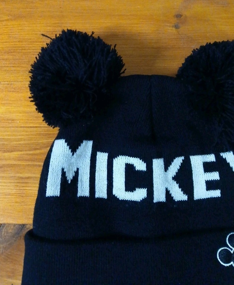 Disney Mickey Mouse Black Beanie with Pom Pom Ears Embroidered Mickey ...