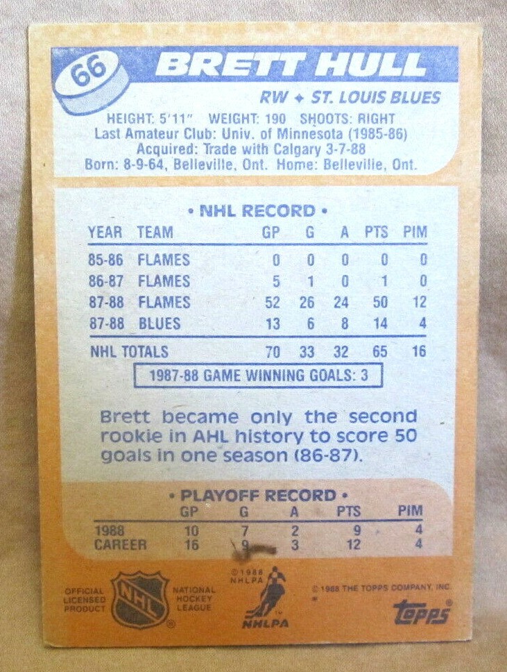 Brett Hull RC 1988-89 Topps Rookie Card#66-St. Louis Blues RW GOAT HOF ...