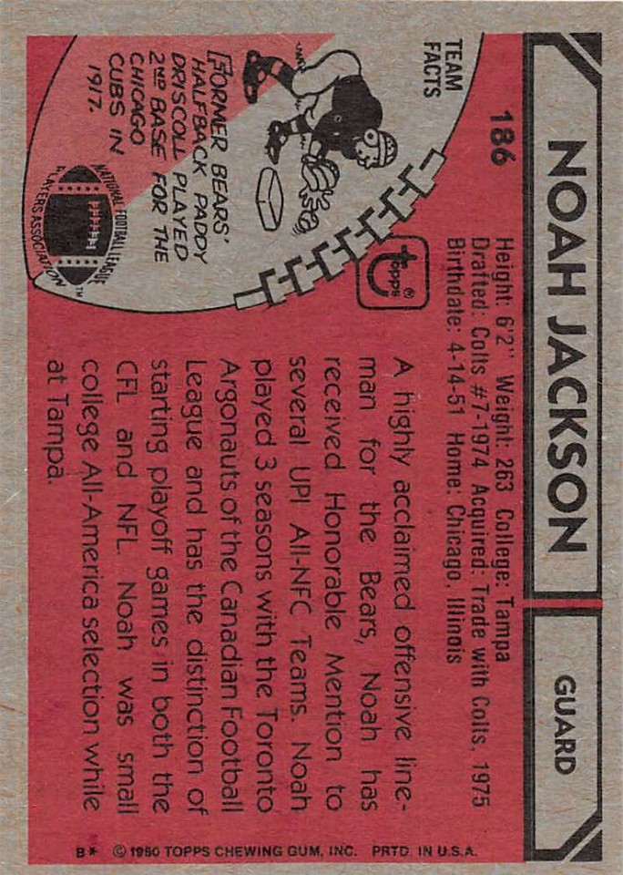 1980 Topps #186 Noah Jackson Bears NM-MT | eBay