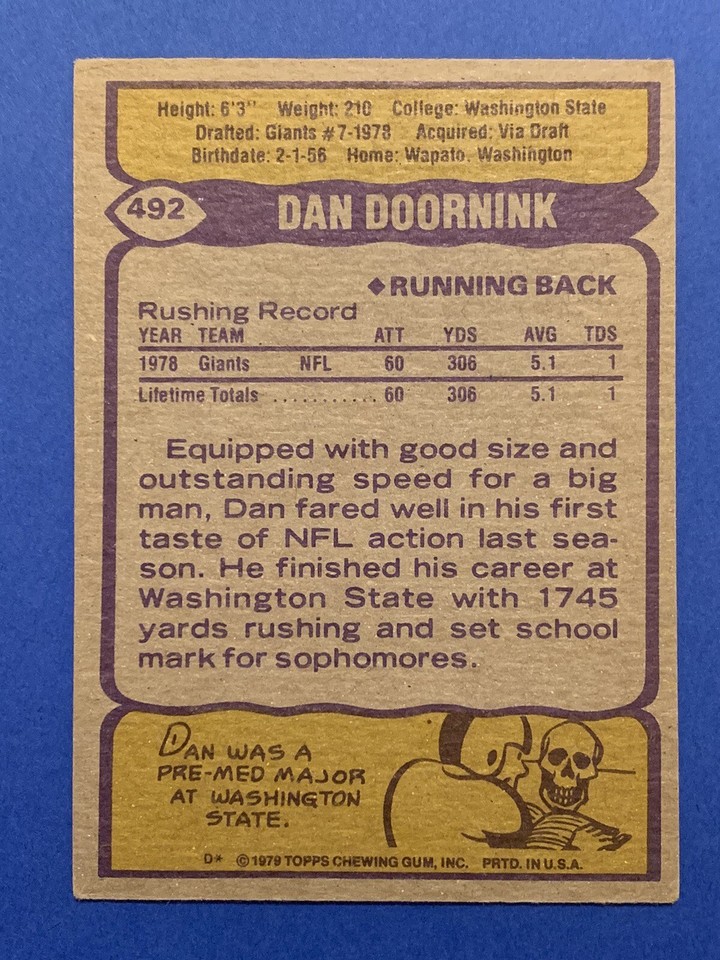 DAN DOORNINK Signed RC 1979 Topps #492 NY Giants Washington State ...