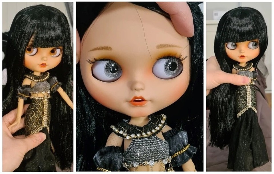 Blythe Doll Pouting Mouth BJD Outfit Black Hair Matte Face Tan Skin ...