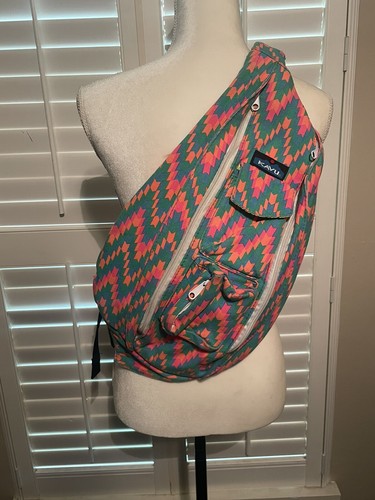 KAVU Rope Sling Bag Bright Neon Colors Geometric Pattern Excellent ...