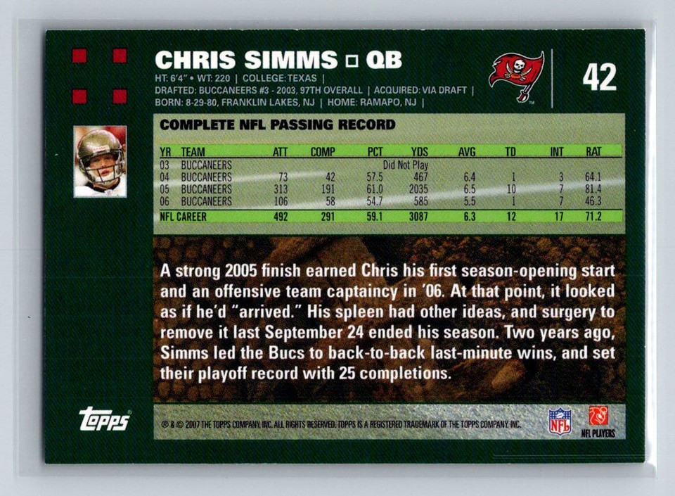 2007 Topps #42 Chris Simms Tampa Bay Buccaneers Football Card | eBay
