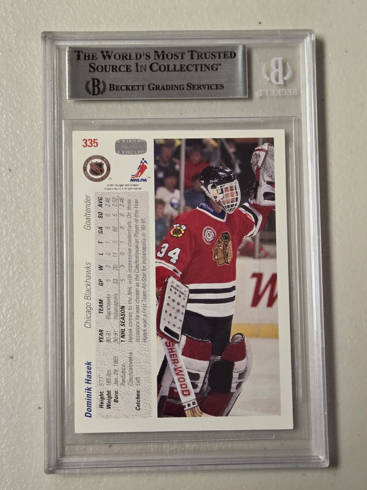 DOMINIK HASEK SIGNED 1991 UPPER DECK #335 ROOKIE CARD BECKETT AUTO ...
