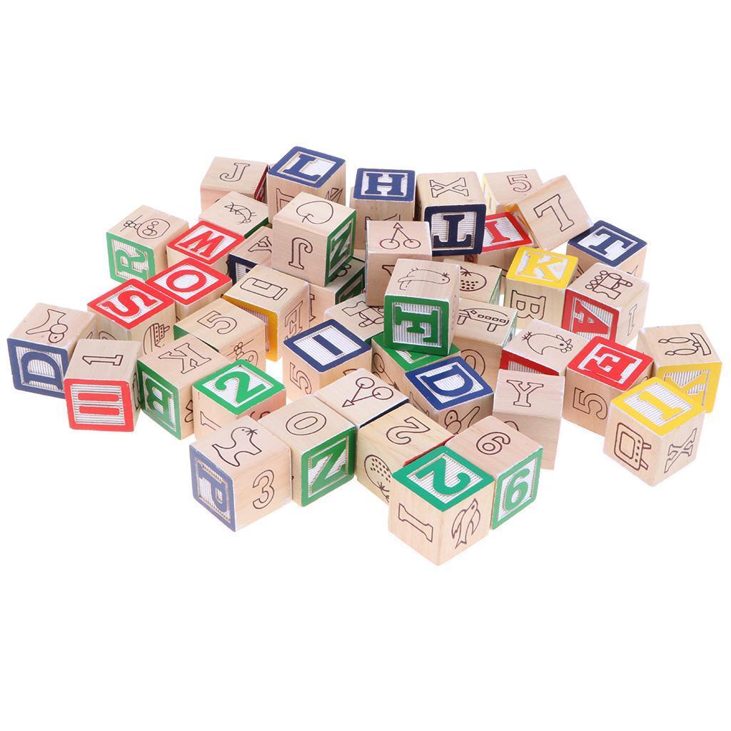 50pcs Wooden Cartoon A~Z Alphabet Numbers Printed Cubes Blocks ...