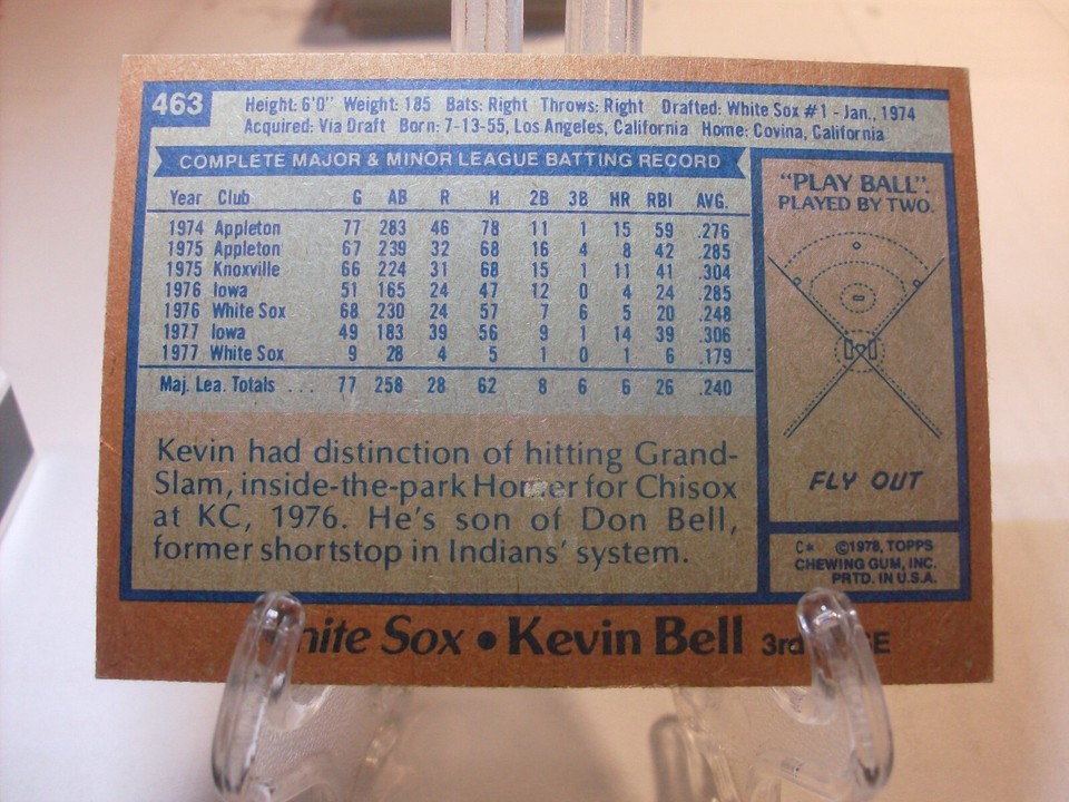 1978 Topps Baseball Card #463 - Kevin Bell - Chicago White Sox (81032 ...
