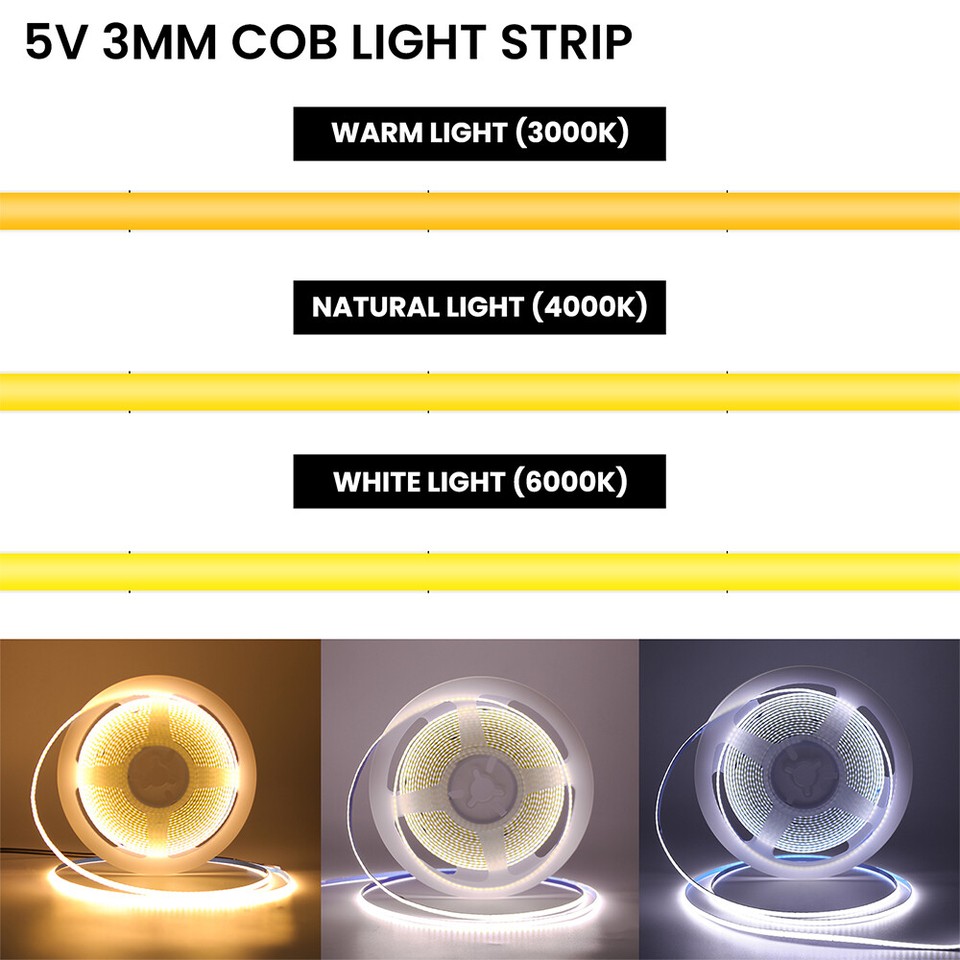 3mm 5mm 8mm COB LED Light Strip Warm White Flexible Tape Lamp Room TV ...