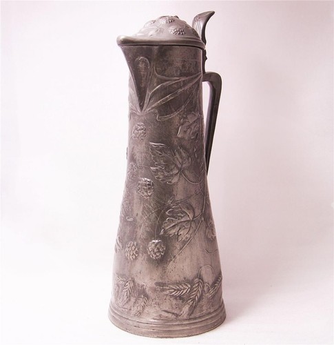 Large Antique Art Nouveau/Jugendstil German Pewter Beer Stein/Pitcher c ...