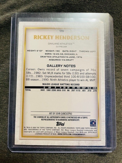 Rickey Henderson Auto Autograph 2020 Topps Gallery SP | eBay