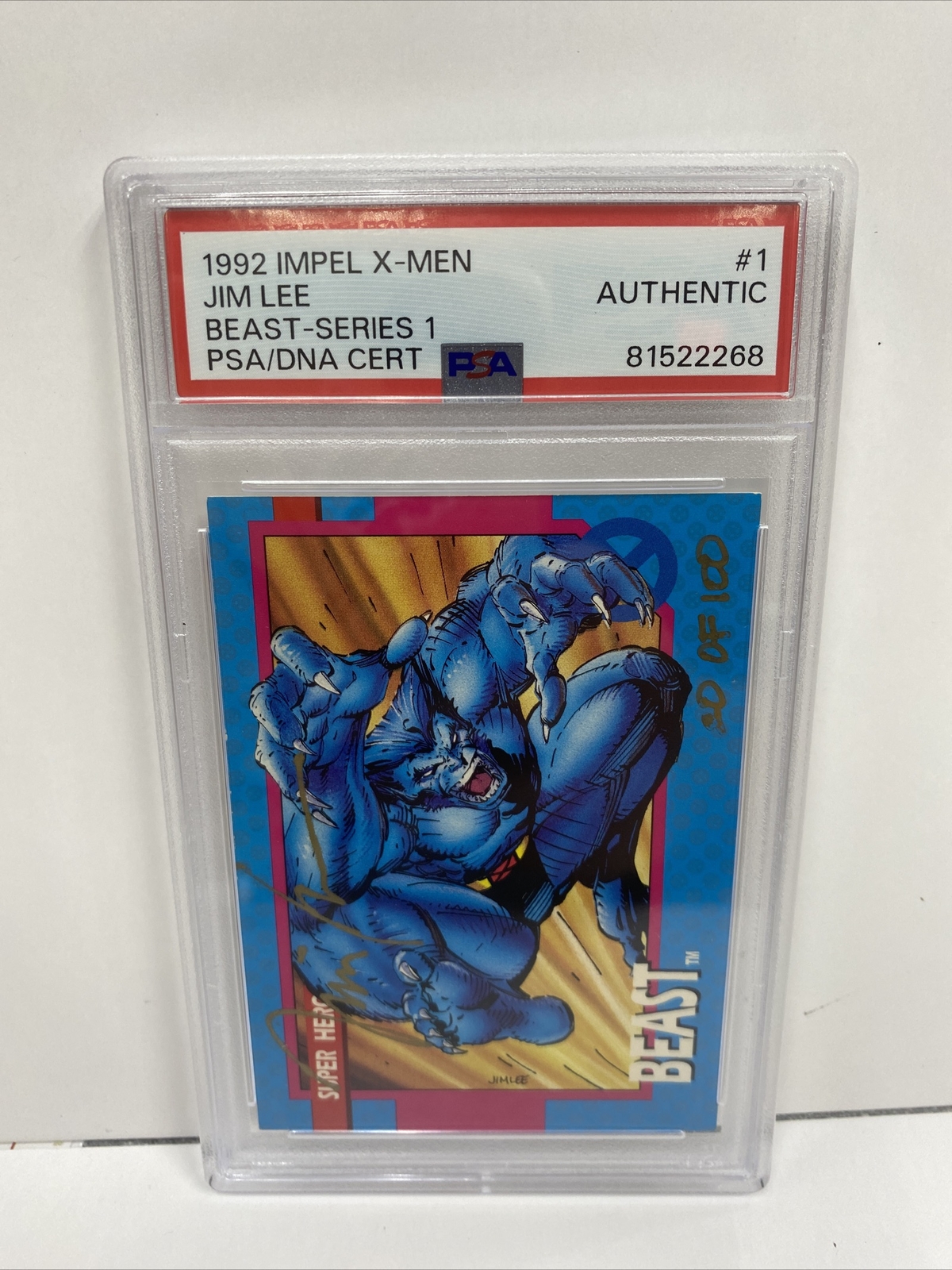 1992 IMPEL MARVEL Xmen Card #1 20/100 Beast Signed Jim Lee Autograph ...