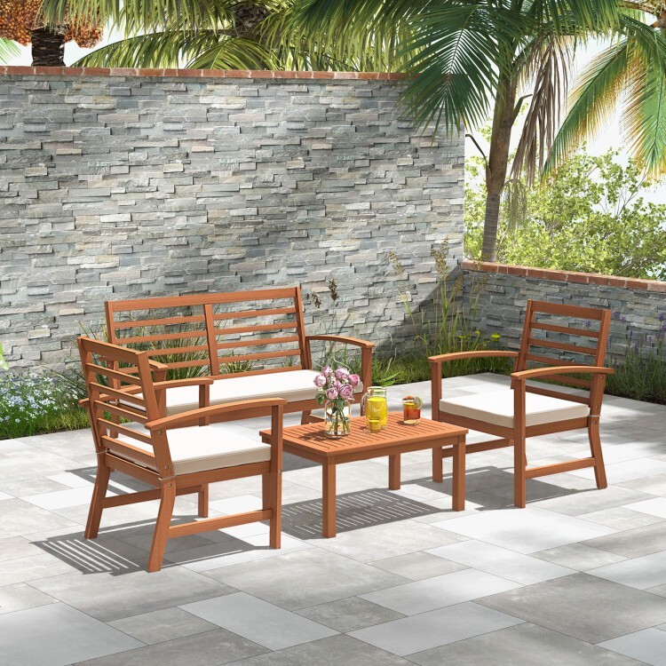 4PCS Outdoor Patio Furniture Set Ergonomic Backrest w/Stable Acacia ...