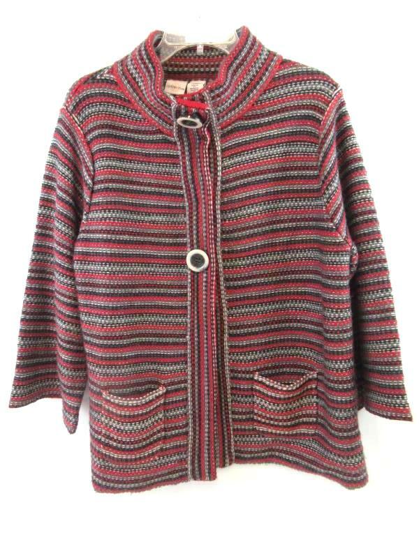 Covington Knit Cardigan Red Gray Black White Stripes Pockets Women's ...