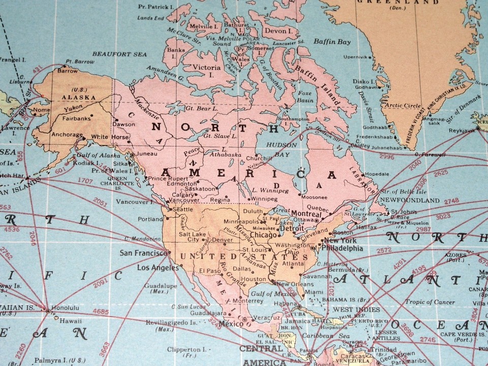 1953 VINTAGE MAP OF THE WORLD MERCATOR PROJECTION AMERICA ASIA EUROPE ...