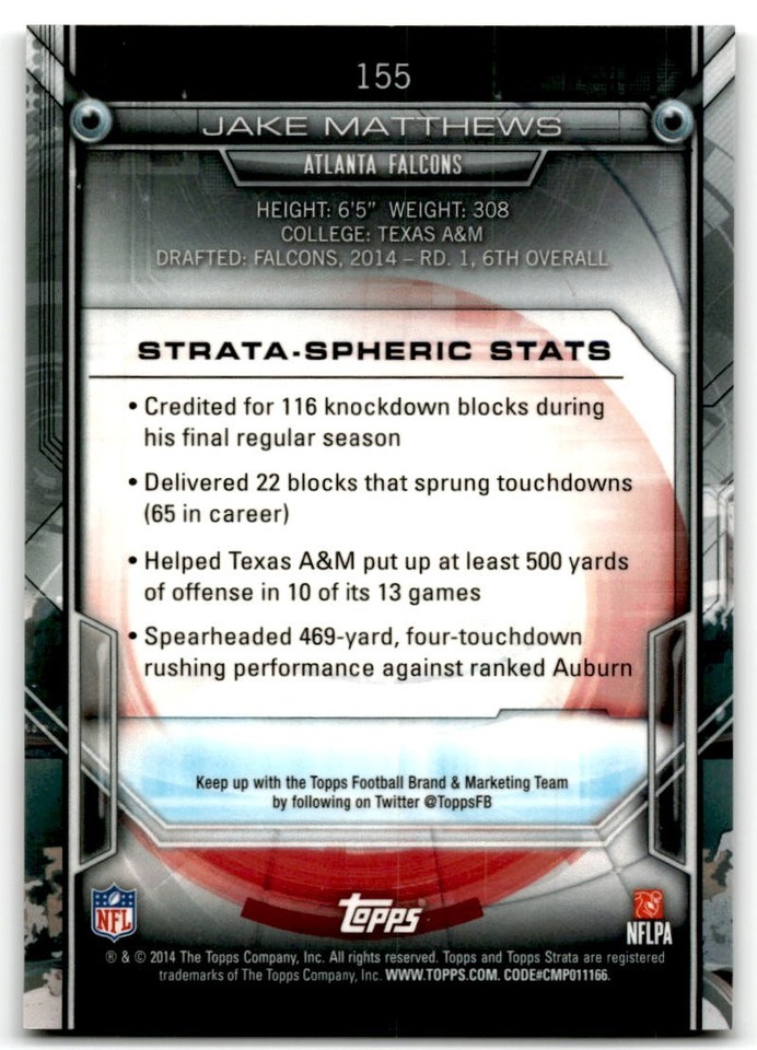 2014 Topps Strata #155 Jake Matthews Retail Atlanta Falcons Rookie | eBay