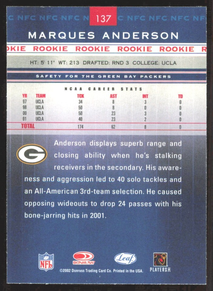 2002 Leaf Rookies & Stars Marques Anderson Rookie #137 | eBay
