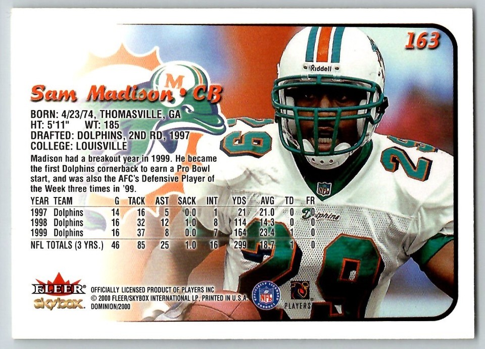 2000 SKYBOX DOMINION SAM MADISON MIAMI DOLPHINS #163 | eBay