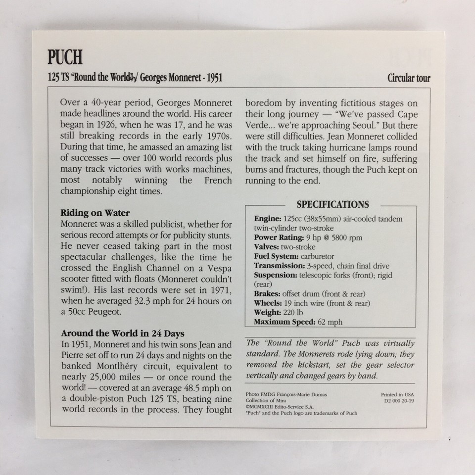 PUCH 125 TS Round the World - 1951 Spec Sheet Info Card | eBay