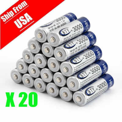 20pcs 1.2V 2A AA BTY Rechargeable Batteries battery 3000mAh Ni-MH US ...