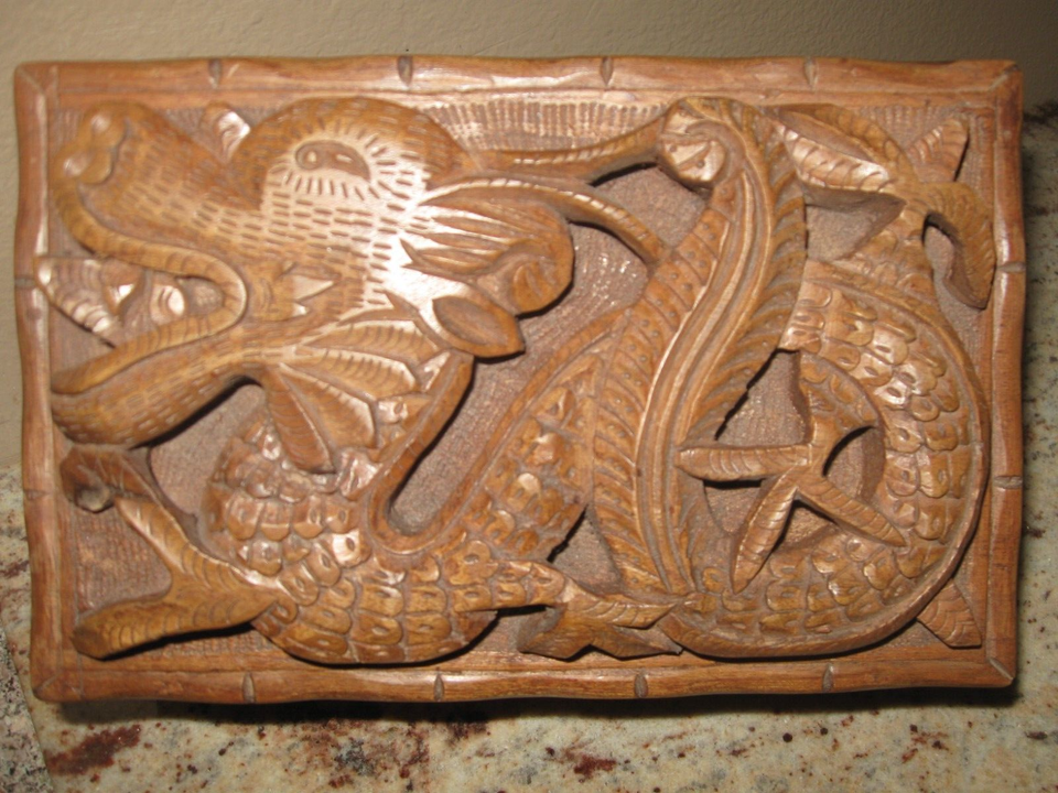 Vintage Hand Carved Wood Dragon Sea Serpent Trinket Jewelry Stash Box ...