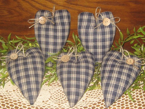 Country Farmhouse Decor 5 Plaid Fabric Hearts Ornaments Handmade Bowl ...