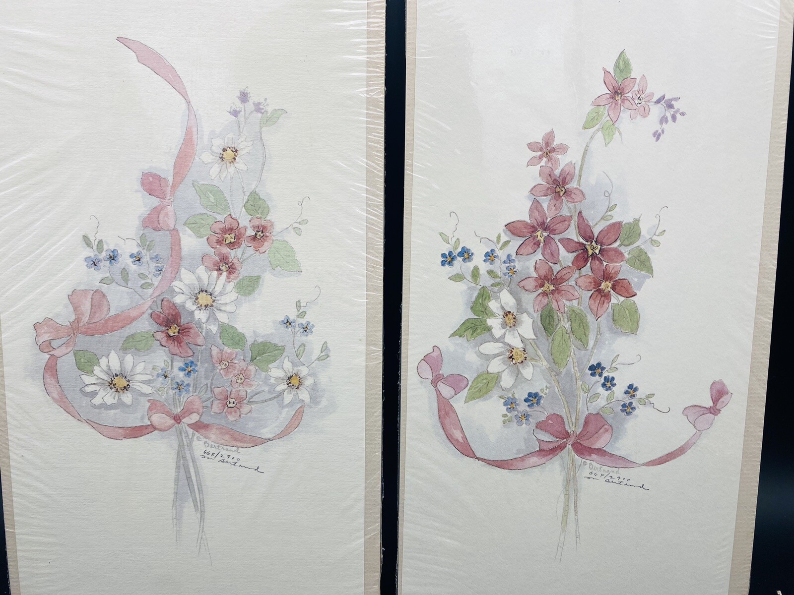 Mary Vincent Bertrand Watercolor Prints Ribbons and Bows #1 & #2 Signed ...