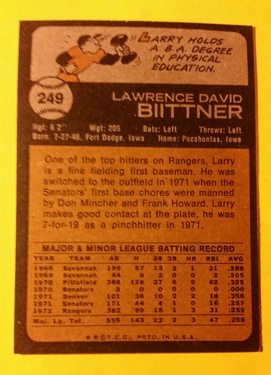 VINTAGE LARRY BIITTNER #249 TEXAS RANGERS * 1973 TOPPS MLB BASEBALL | eBay