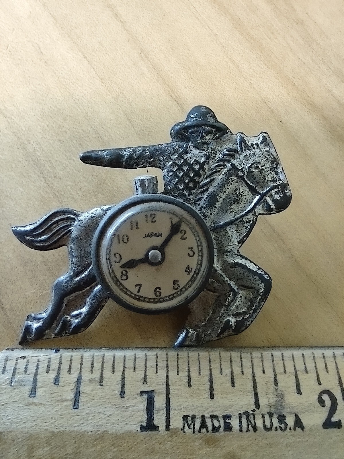 Vintage Japan Pressed Tin Horse And Rider Clock Badge… - Gem
