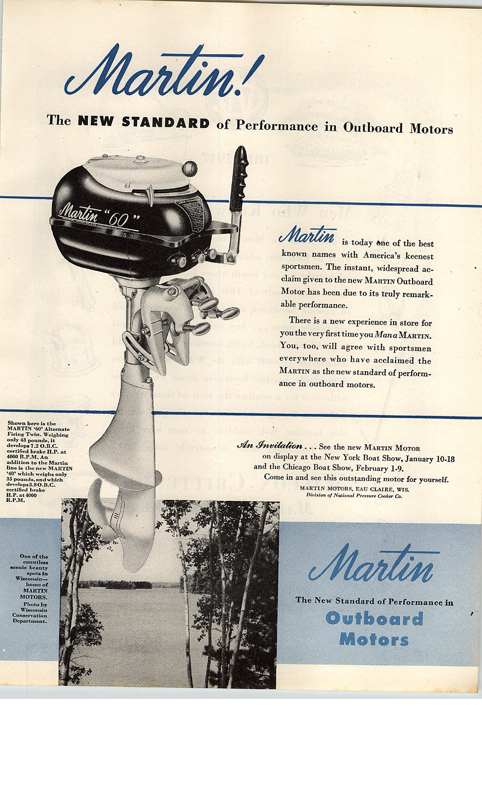1947 PAPER AD Martin 60 Outboard Firing Twin 7.2 HP Motor Boat ...