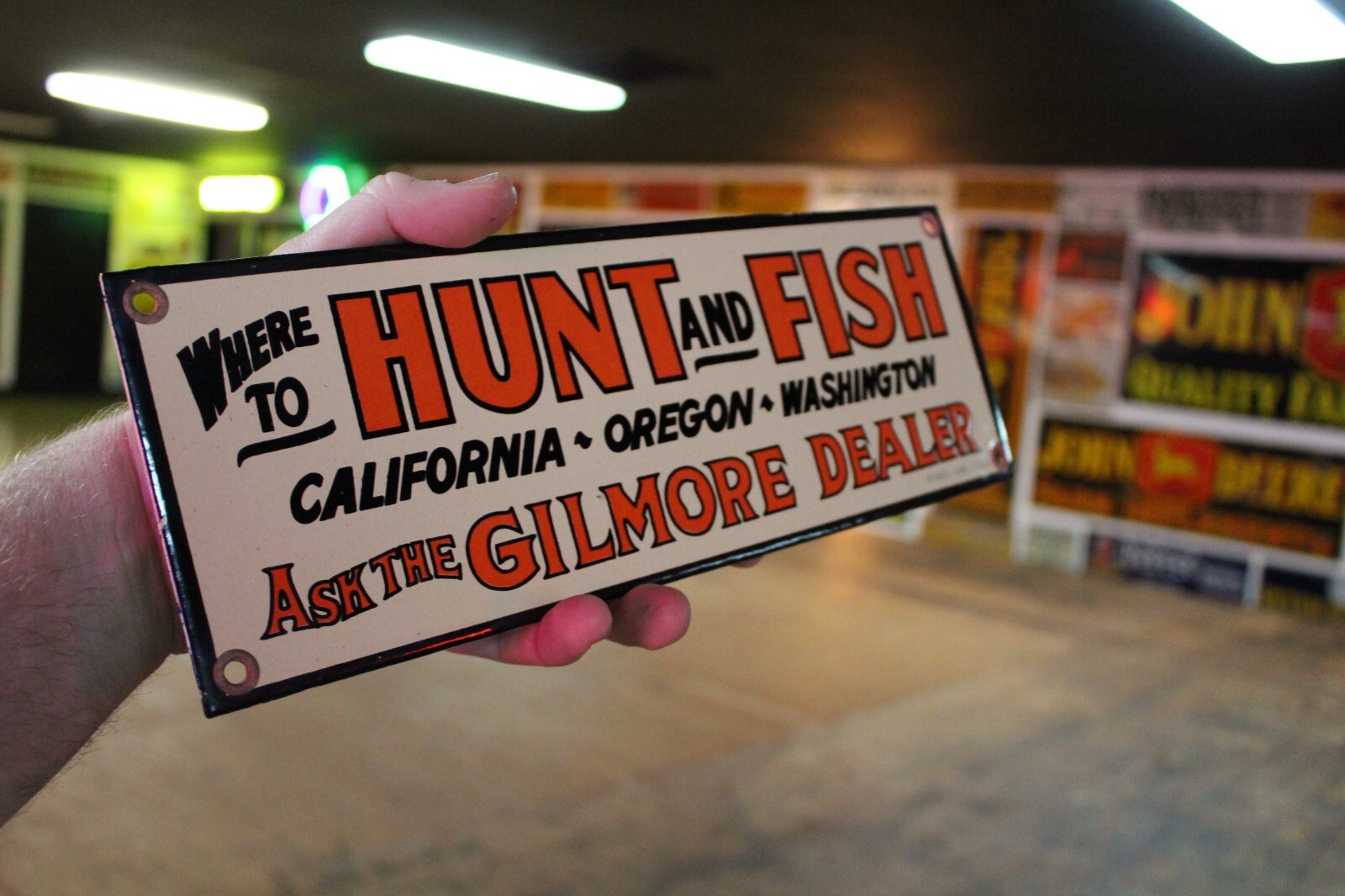 GILMORE GASOLINE DEALER HUNT FISH PORCELAIN METAL SIGN ROAD GAS OIL ...